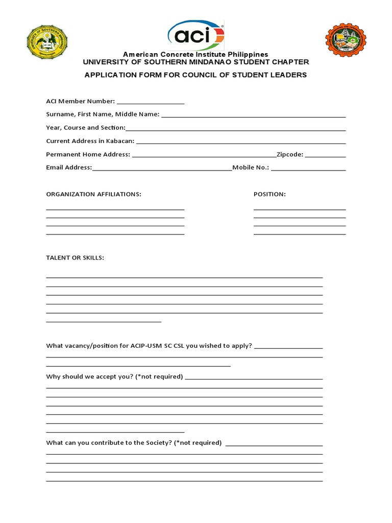 Application Form For Acip Usm SC Council of Student Leaders | PDF