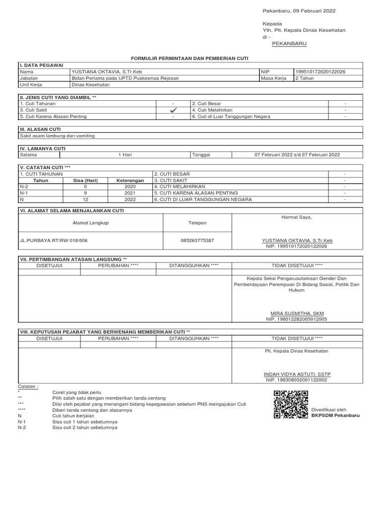 FORMULIR PERMINTAAN DAN PEMBERIAN CUTI - 199510172020122026 Yus | PDF