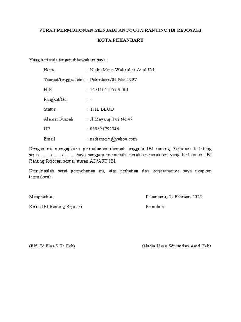 Surat Permohonan Menjadi Anggota Ranting Ibi Rejosari | PDF