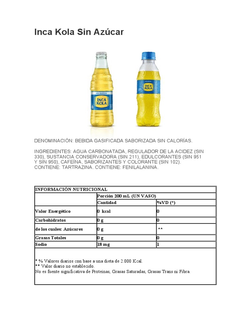 Inca Kola Sin Azúcar: Ingredientes y Calorías | PDF | Salud y bienestar