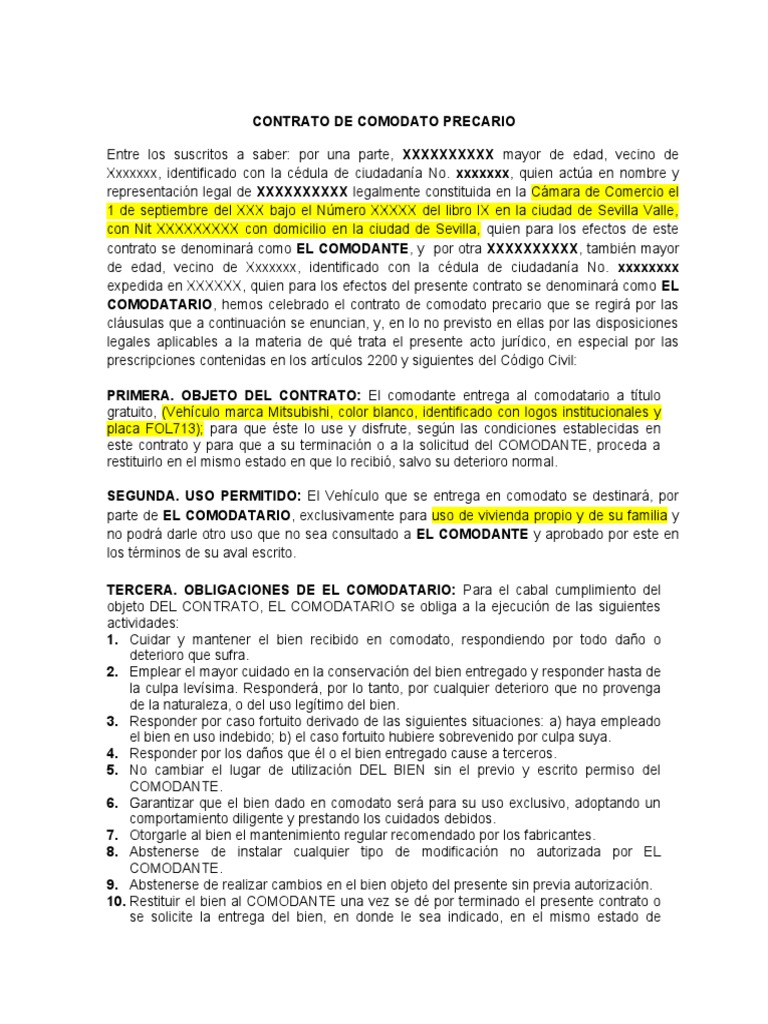 Contrato de Comodato Precario de Vehículo | PDF