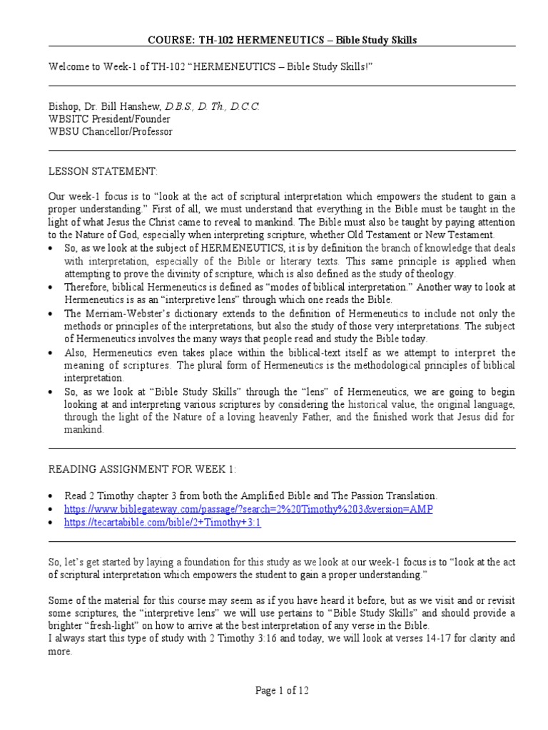 Th 102 Hermeneutics Bible Study Skills Student Lesson Week 1 Pdf