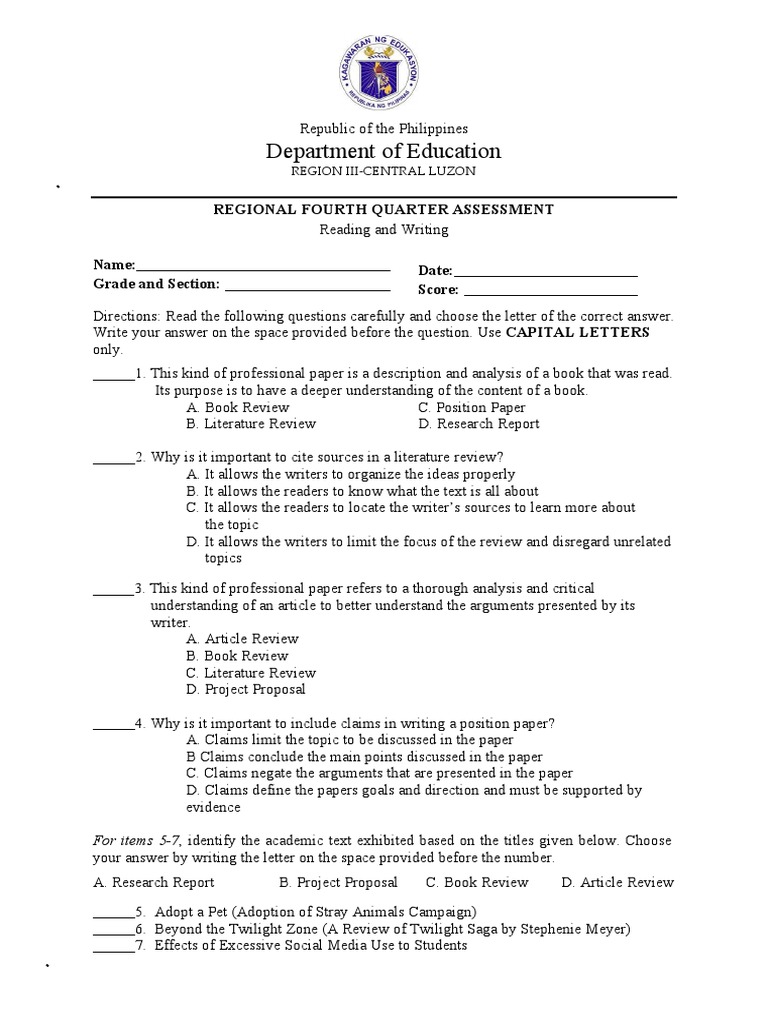 RFQA READING AND WRITING. ASSESSMENT TOOL | PDF | Books | Résumé