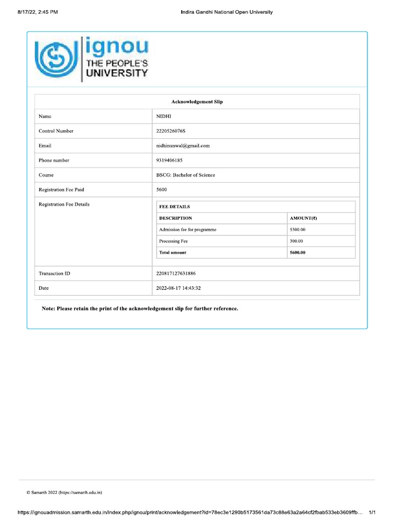 Ignou Fee Form | PDF