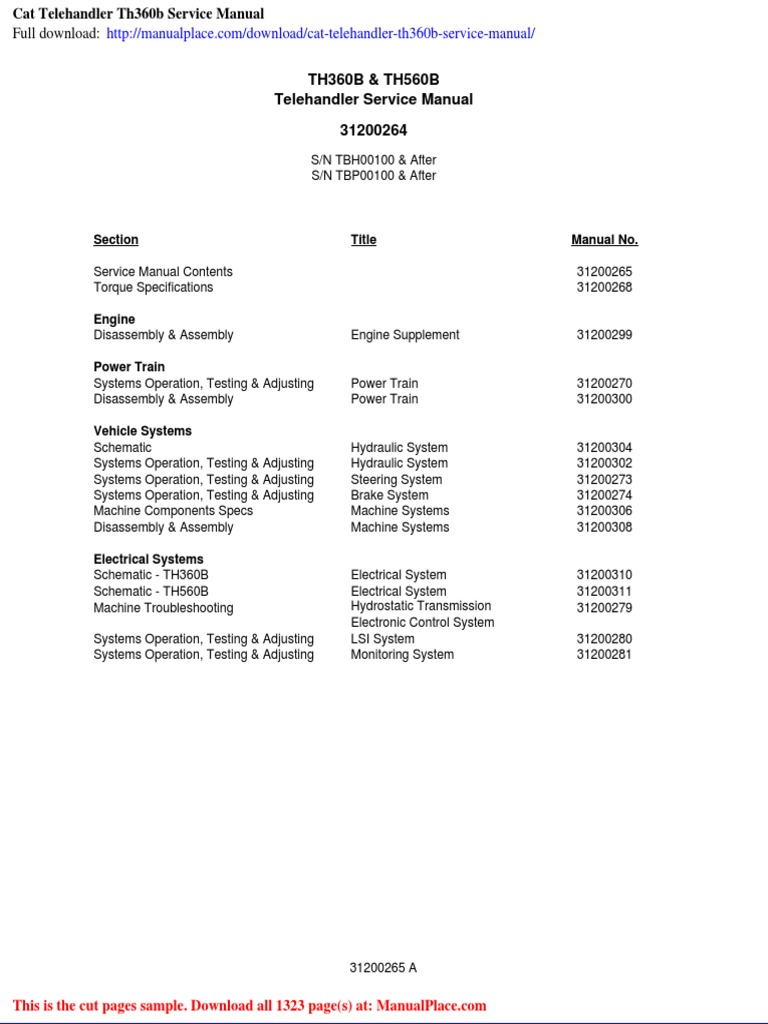Cat Telehandler Th360b Service Manual | PDF | Screw | Pipe (Fluid ...