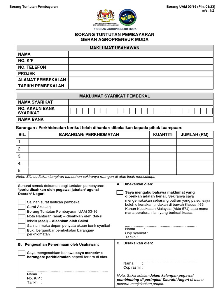 Lampiran 10 - Borang Tuntutan Pembayaran Geran Agropreneur Muda - Min | PDF