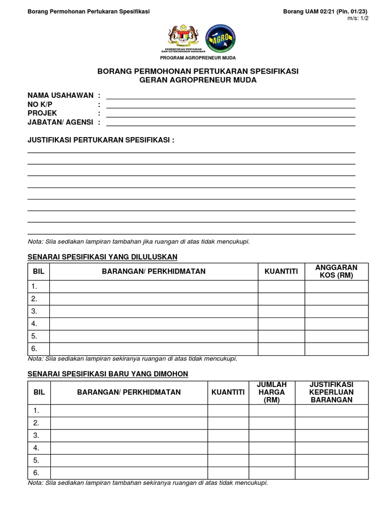 Lampiran 5 - Borang Permohonan Pertukaran Spesifikasi Geran Agropreneur Muda-Min | PDF
