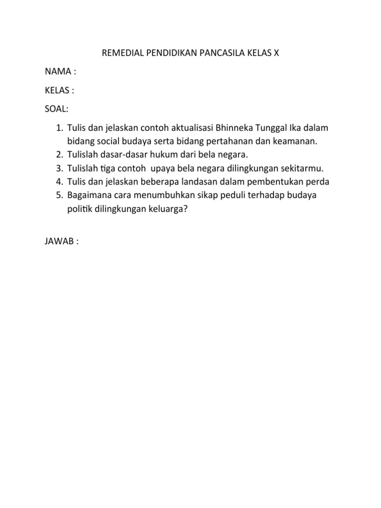 Remedial Pendidikan Pancasila Kelas X | PDF | Sejarah
