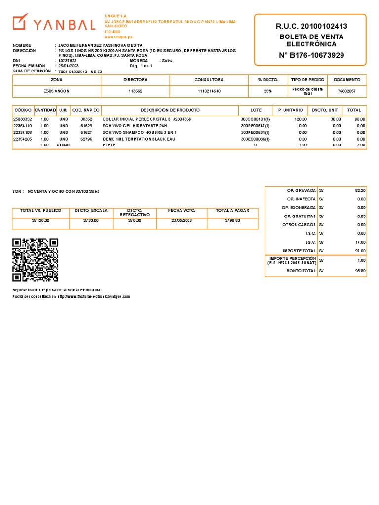Boleta Electrónica Unique S.A. 2023 | PDF