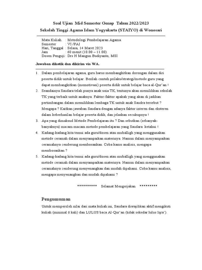1. Soal UTS MPA 2023 (STAIYO) | PDF