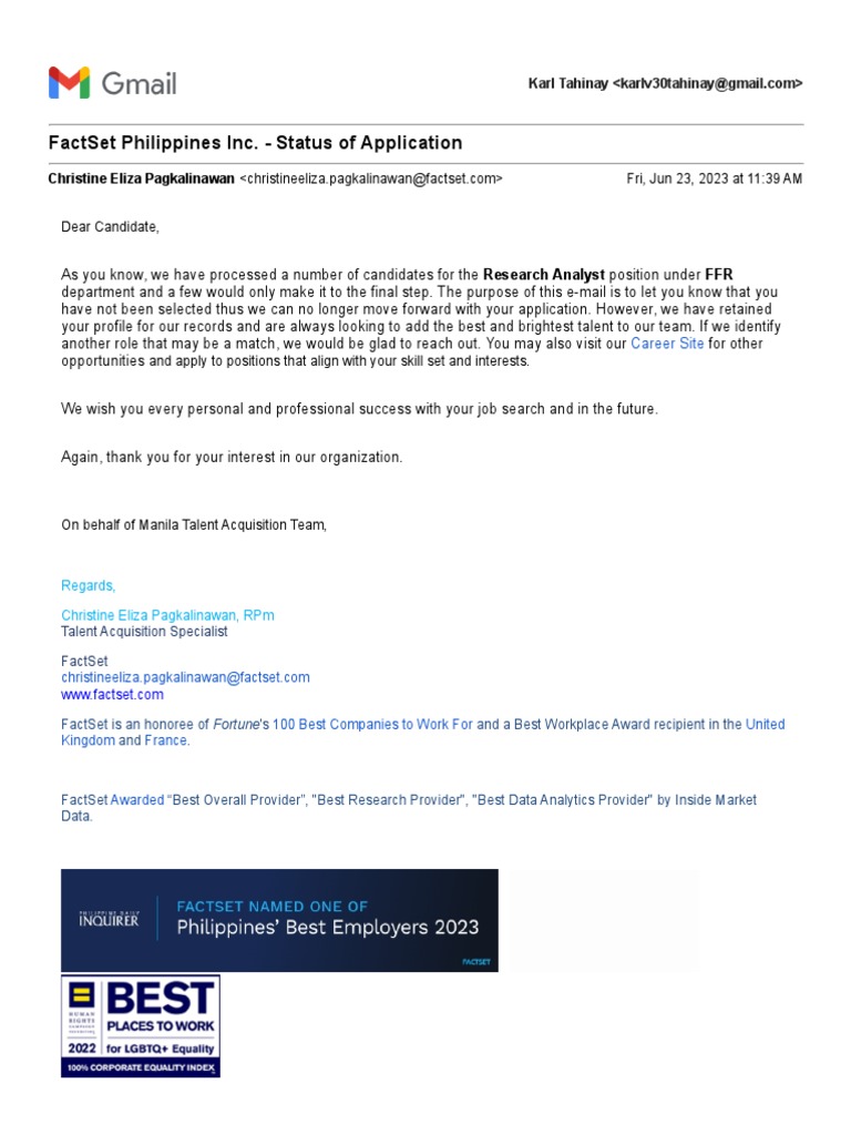 Gmail - FactSet Philippines Inc. - Status of Application | PDF