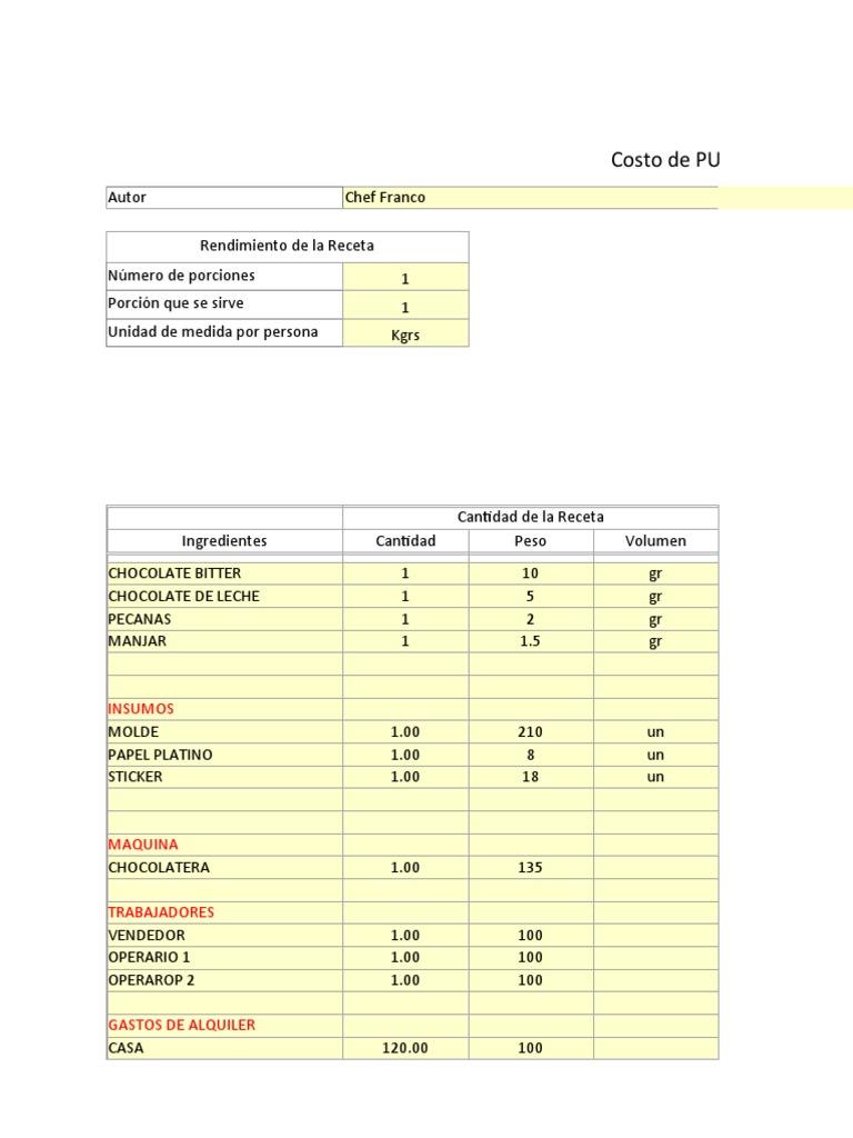 Planilla de Excel de Costo de Recetas Por Porciones | PDF | Bocadillos ...
