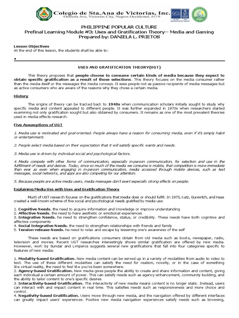 ELEC121 Prefinal Module III - Uses and Gratification Theory - Media and Gaming | PDF