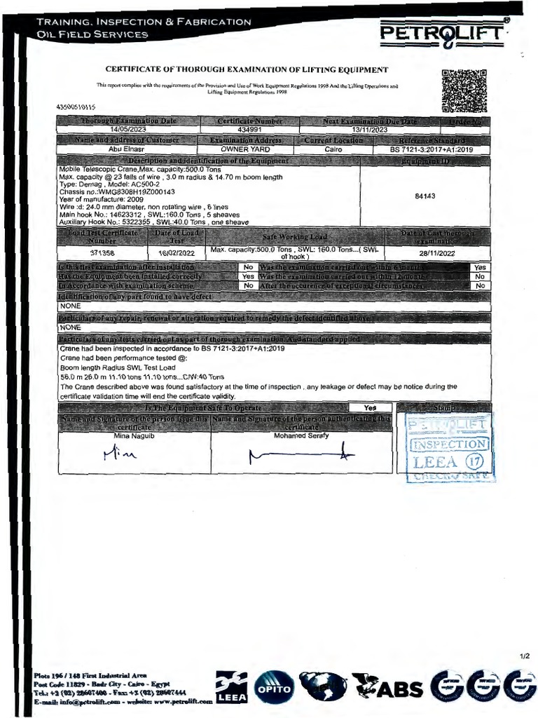 Petrolift Certificate Mobile Telescopic Crane 500 Ton | PDF