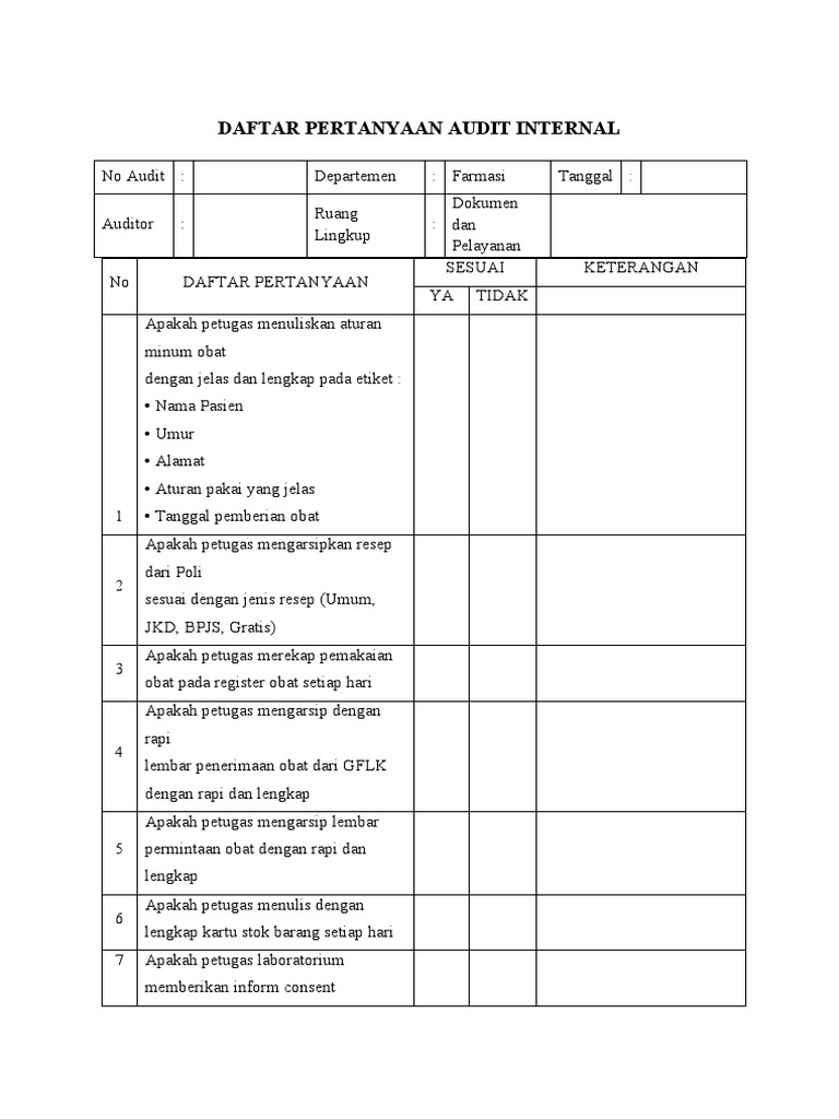 Pertanyaan Audit Internal Farmasi Pdf Pengembangan Diri