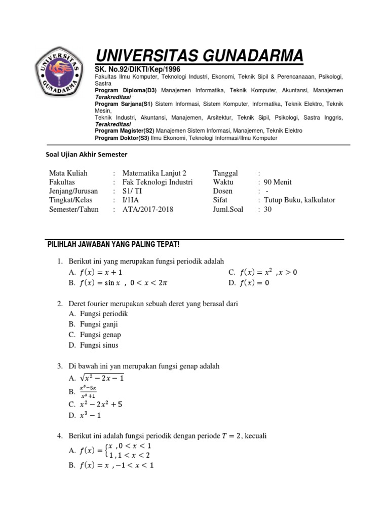 Soal Uas Matematika Lanjut 2ia | PDF