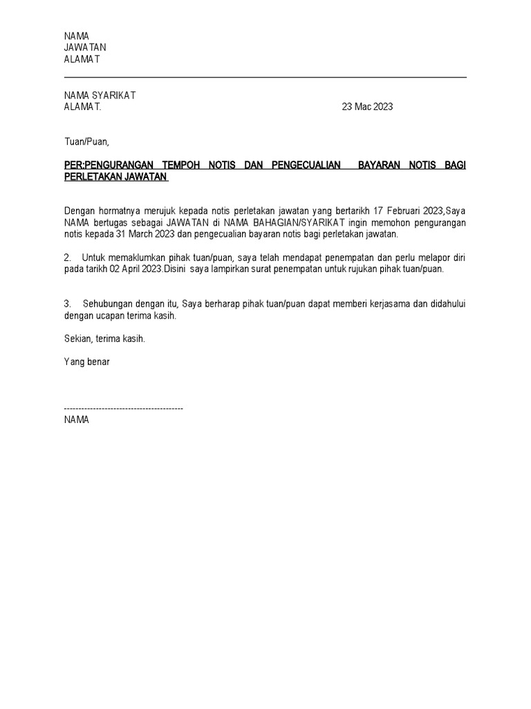 Contoh Memohon Pengurangan Notis | PDF