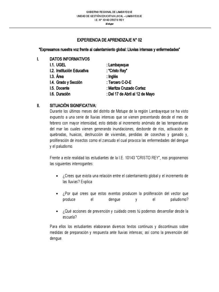 Experiencia de Aprendizaje N 02 - Tercero C-D-E | PDF | Evaluación