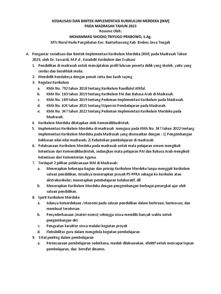 Resume SOSIALISASI DAN BIMTEK IMPLEMENTASI KURIKULUM MERDEKA | PDF