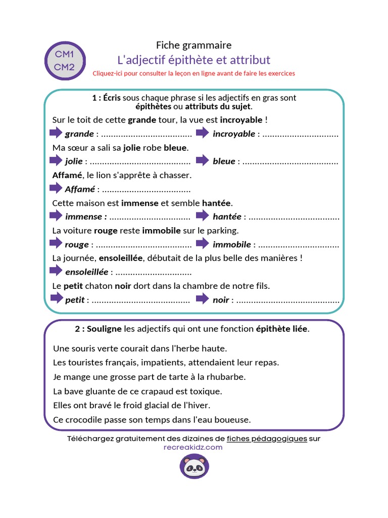 Adjectif Epithete Adjectif Attribut Ce1 Ce2 cm1 cm2 | PDF