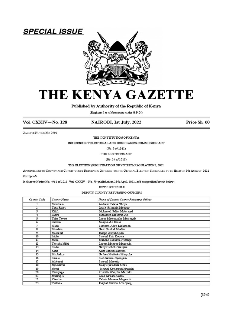 Gazette Vol 128 4-7-22 Special (IEBC-App of CRO'S - 220708 - 133611 | PDF