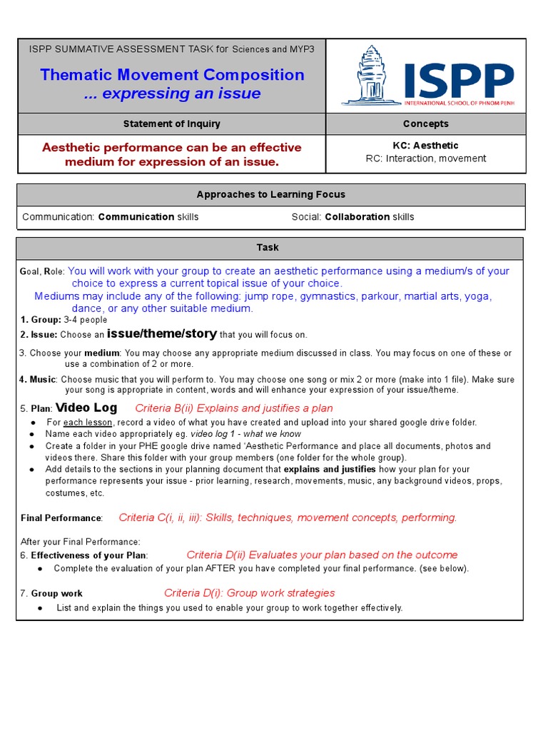 Grade 10 PHE Thematic Movement Composition - Task Sheet - Horng | PDF | Art