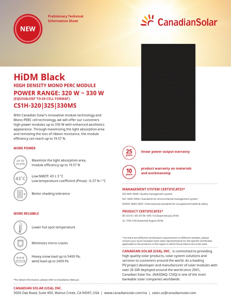 Canadian Solar CS1H 320 330w | PDF | Solar Panel | Electrical Engineering