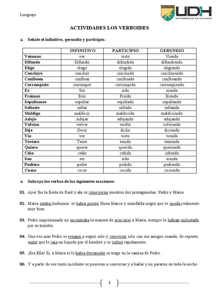 Actividades y Ejercicios de Verboides | PDF