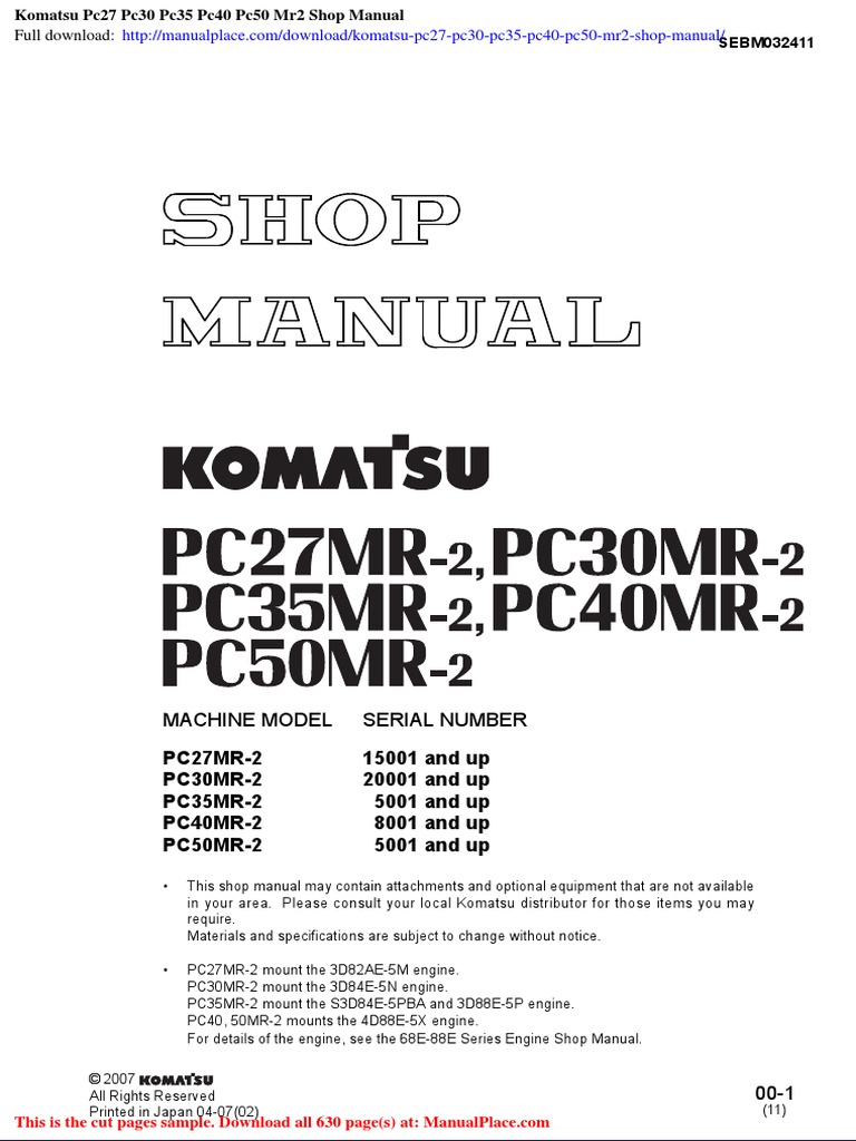 Komatsu Pc27 Pc30 Pc35 Pc40 Pc50 Mr2 Shop Manual | PDF | Pipe (Fluid Conveyance) | Adhesive