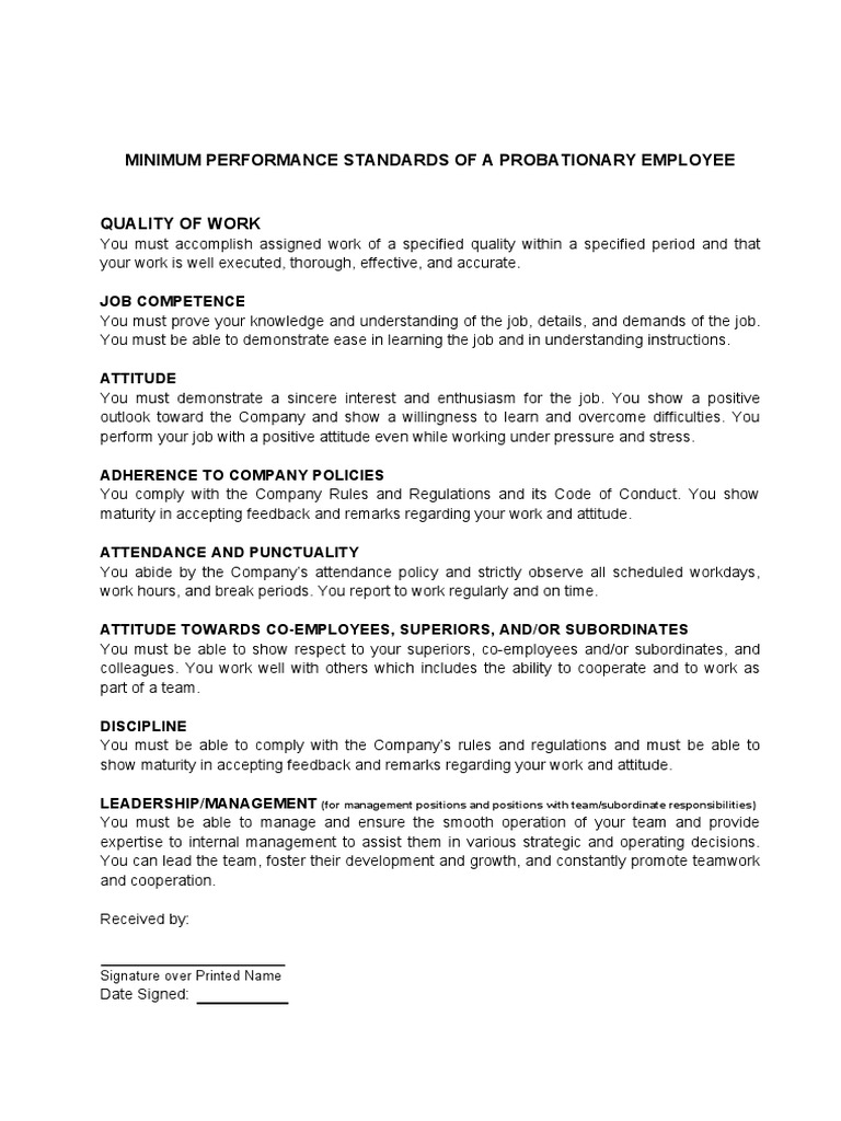 Minimum Performance Standards of A Probationary Employee | PDF