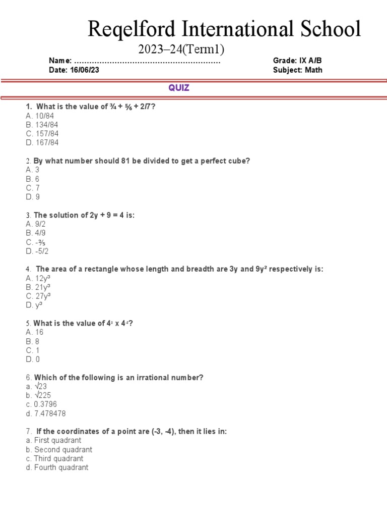 Grade 9 Quiz 16.06.23 | PDF