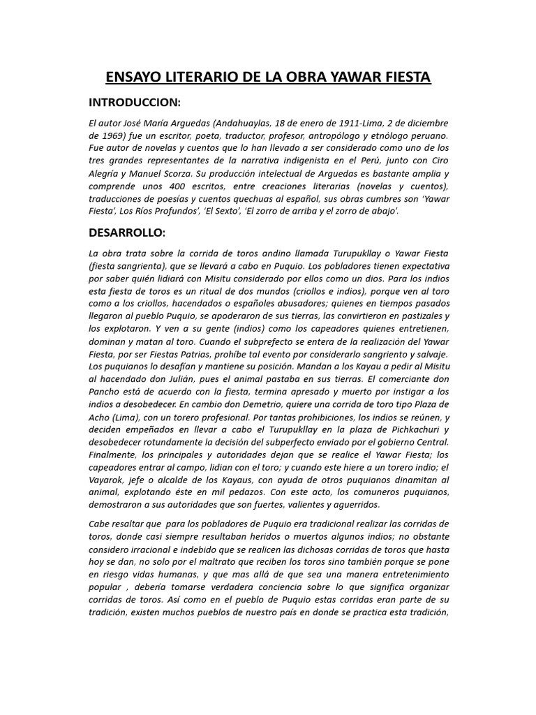 Ensayo Literario de La Obra Yawar Fiesta - Compress | PDF
