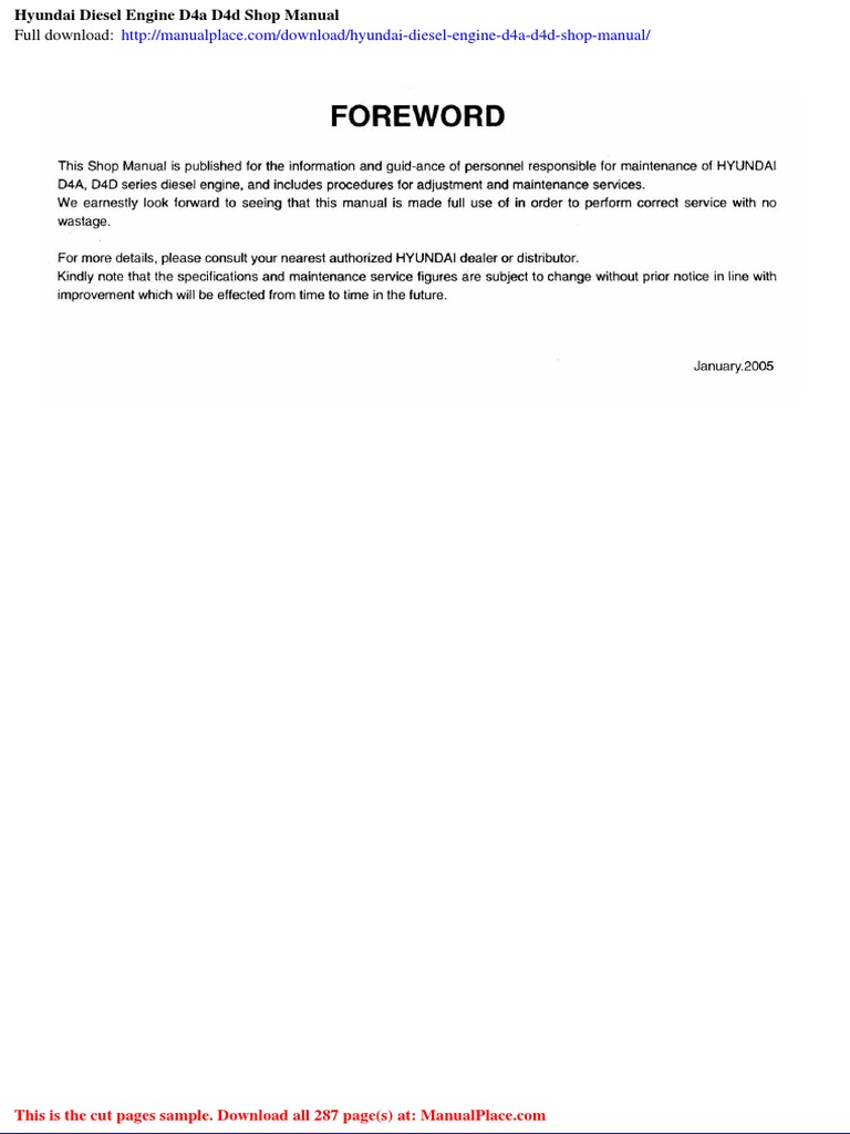 Hyundai Diesel Engine D4a d4d Shop Manual | PDF