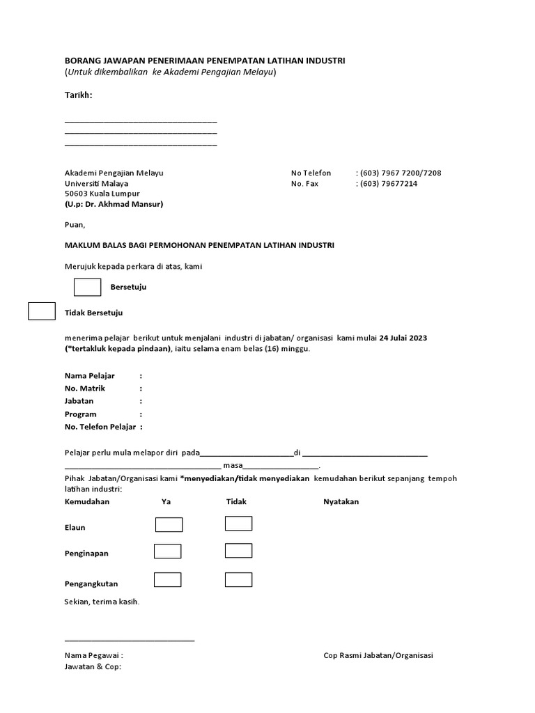 3a. Borang Jawapan Penerimaan Penempatan Latihan Industri | PDF