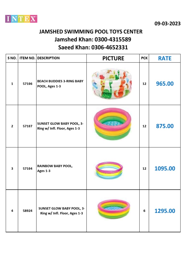 Intex Baby Pools and Accessories List | PDF