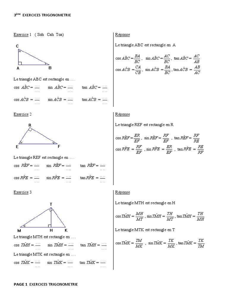 Exercices de trigonométrie 3ème | PDF | Géométrie | Mathématiques ...