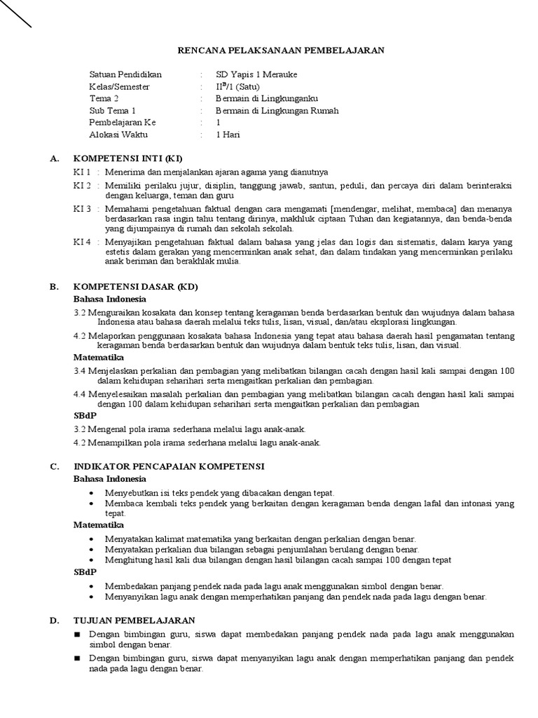 RPP Tema 2 Bermain Di Lingkunganku | PDF