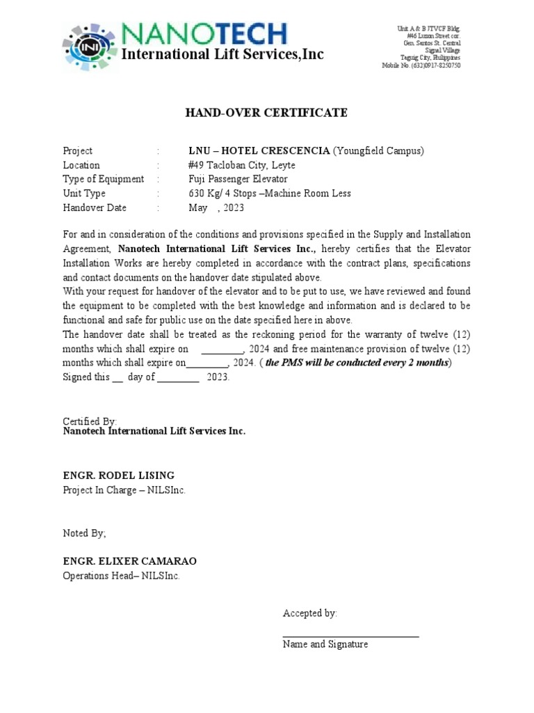 Certifcate of Handover - Lnu | PDF | Business | Technology & Engineering