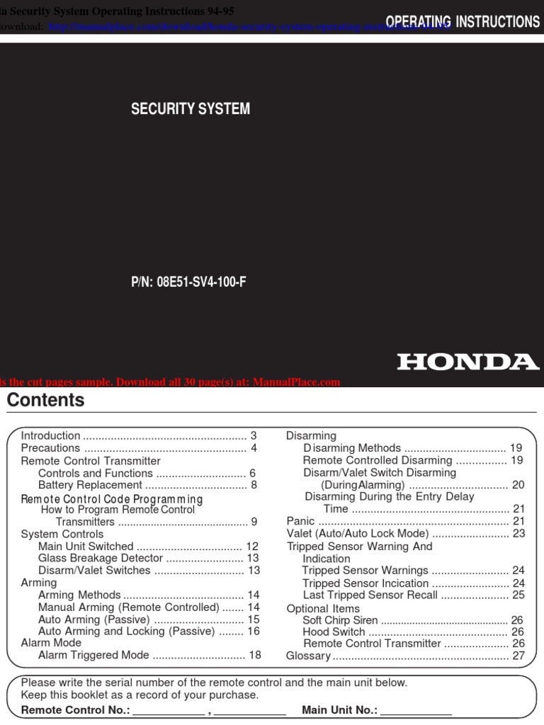 Honda Security System Operating Instructions 94 95 | PDF