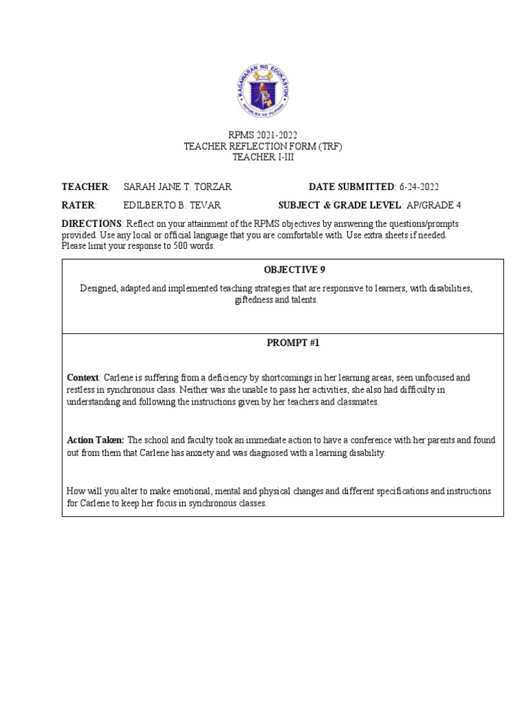 Teacher Reflection Form | PDF | Teachers | Learning