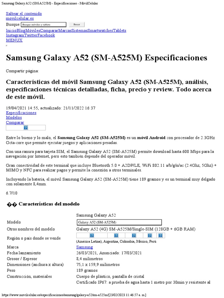 Samsung Galaxy A52 (SM-A525M) - Especificaciones - MóvilCelular | PDF