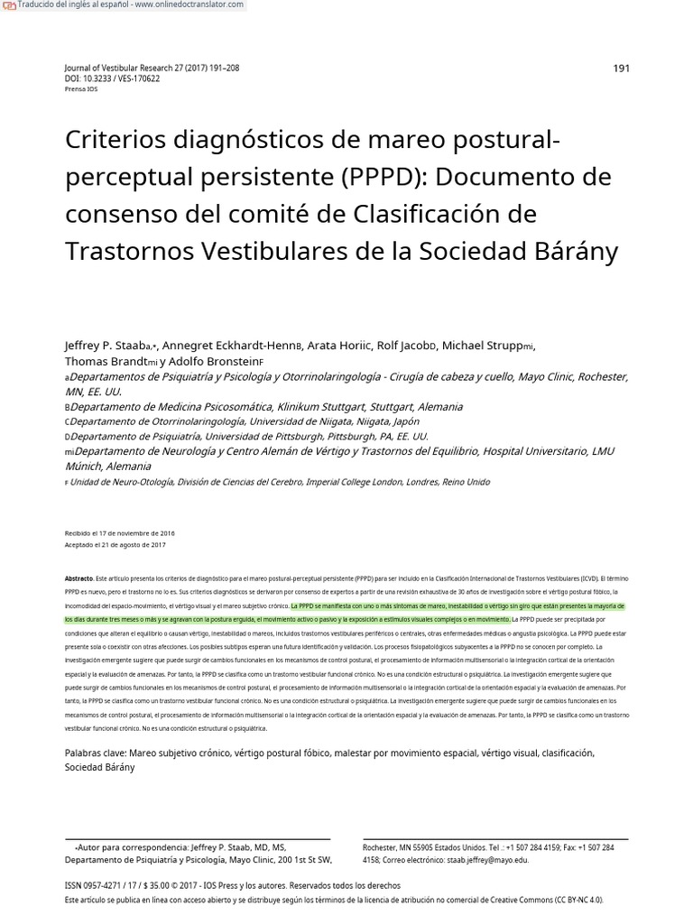 Mareo Postural Perceptual Persistente (PPPD) - Criterios Diagnóticos ...