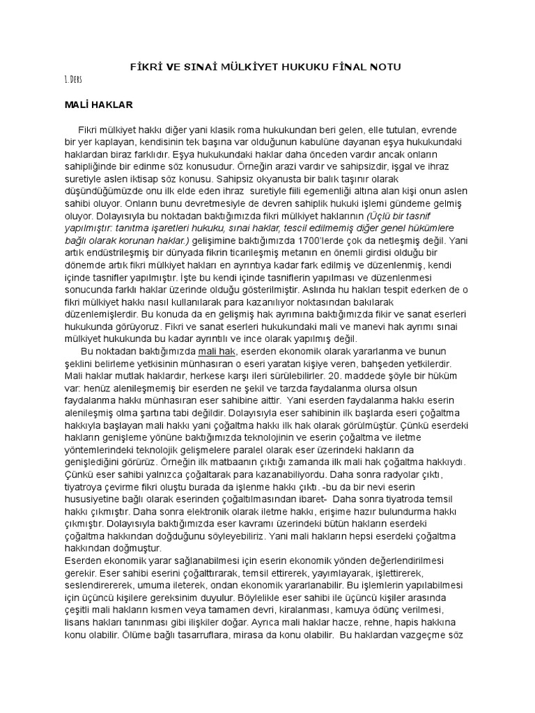 Fikri Mülkiyet Hukuku Final Notu | PDF