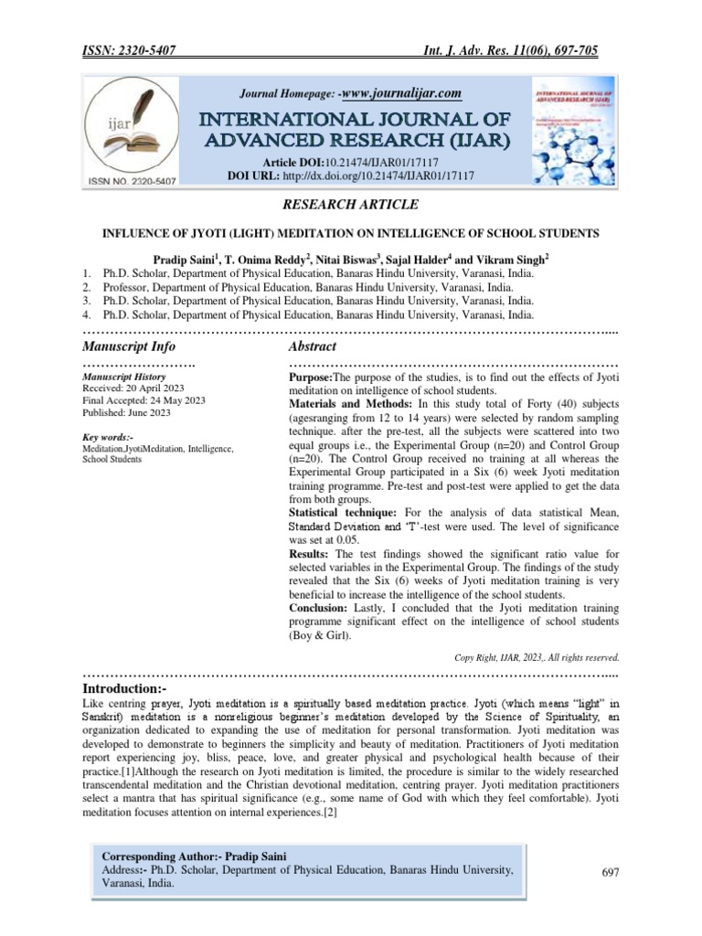 Influence of Jyoti (Light) Meditation On Intelligence of School ...