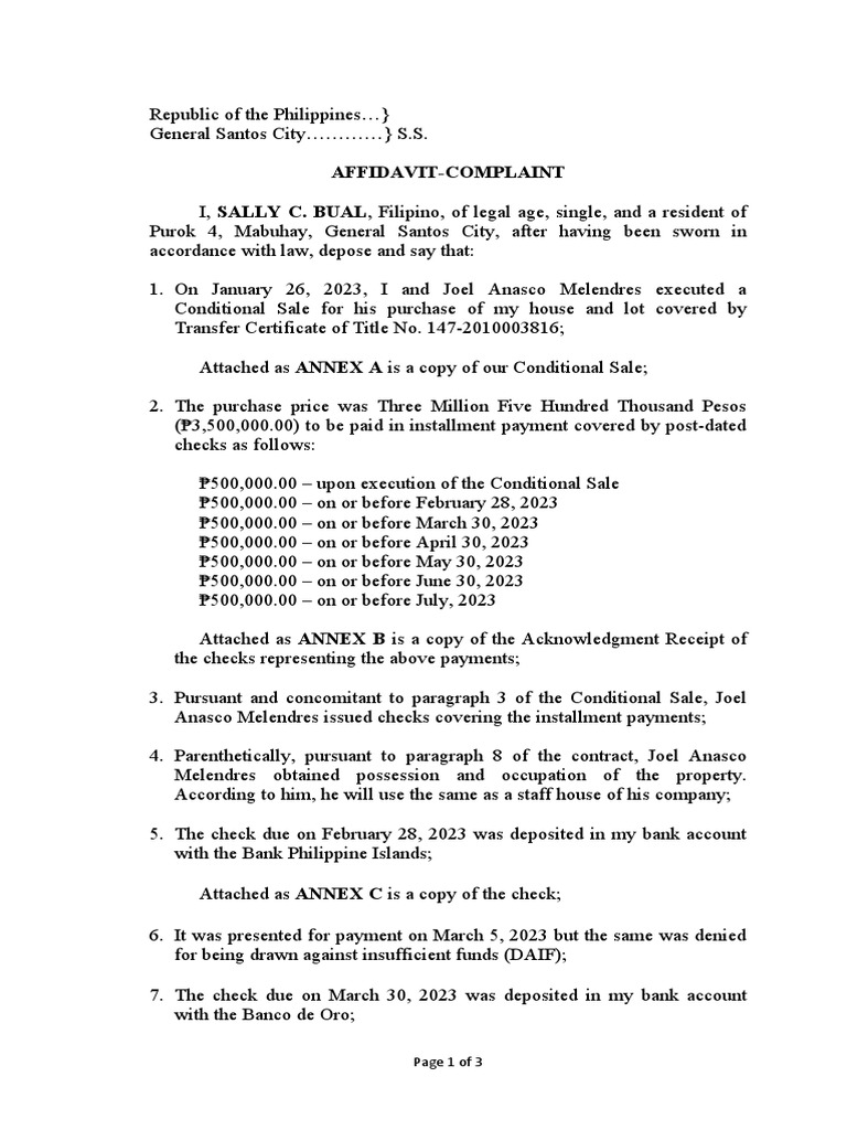AFFIDAVIT COMPLAINT Bual V Melendres | PDF | Common Law | Justice
