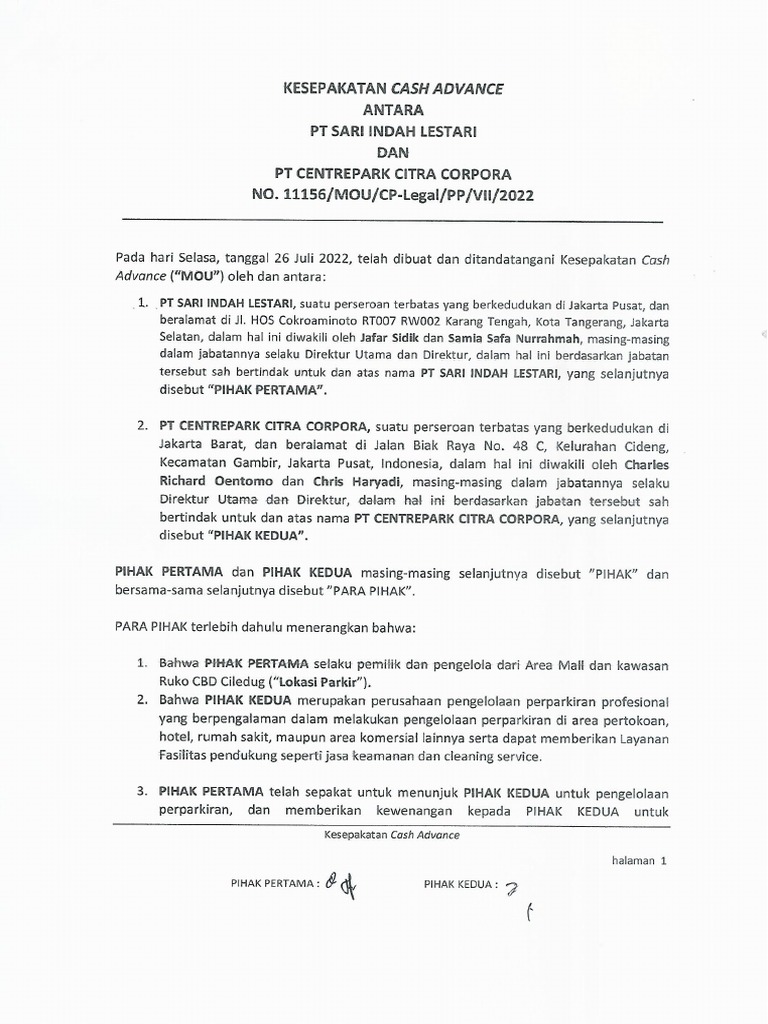 Kesepakatan CA PT SIL Dan Centrepark | PDF