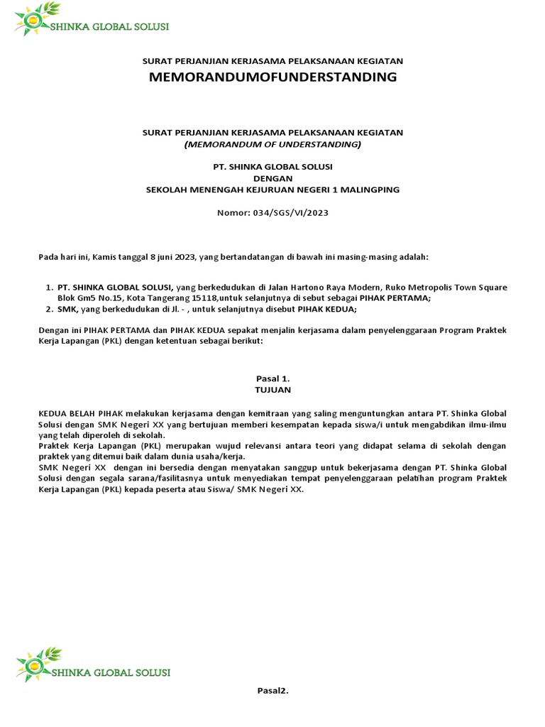 MOU SMK Negeri 1 Malingpinlllll | PDF