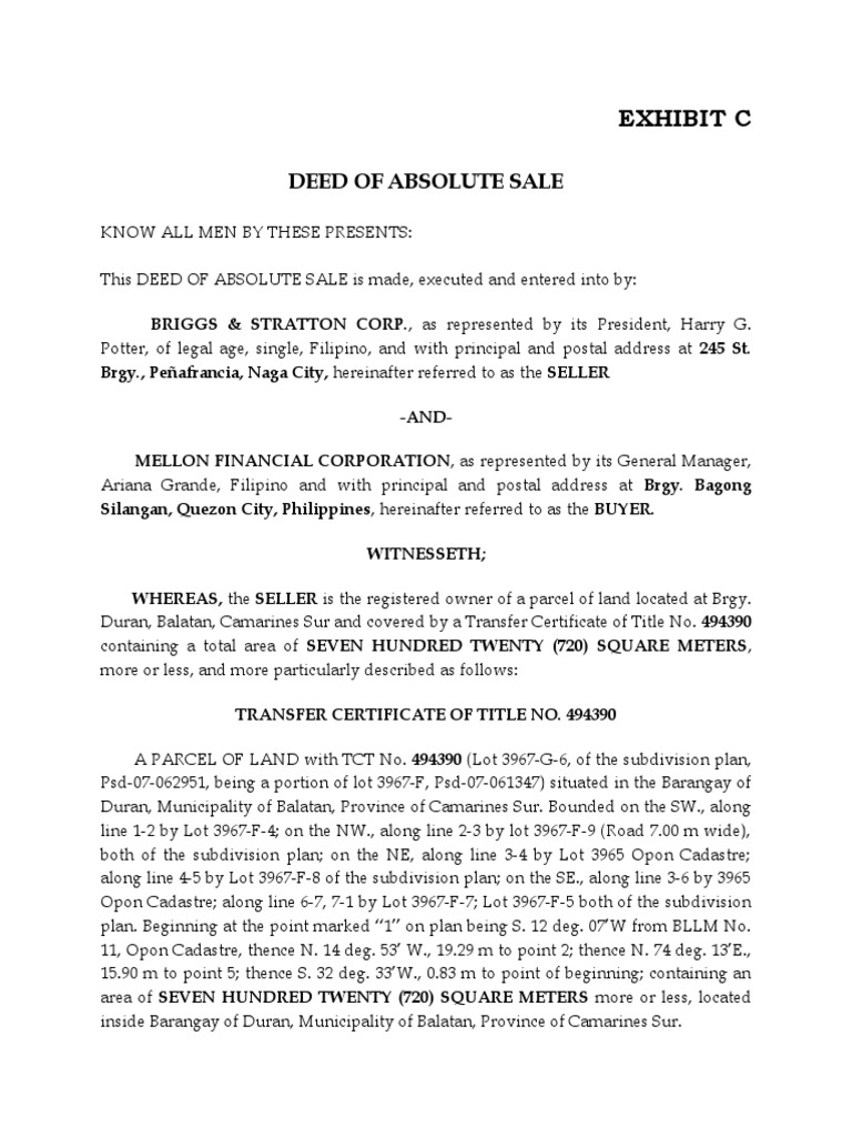 Exhibit C - Deed of Absolute Sale | PDF | Civil Law (Common Law) | Real ...