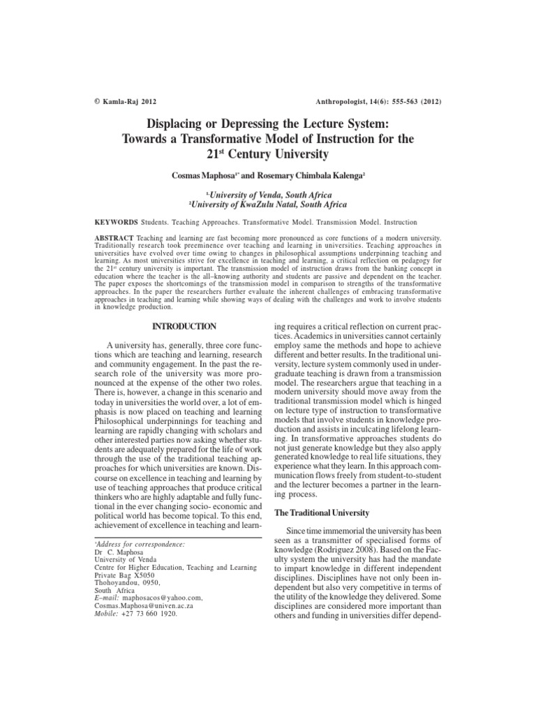 Displacing Or Depressing The Lecture System Towards A Transformative Model Of Instruction For