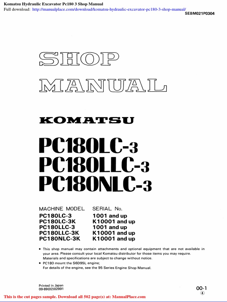 Komatsu Hydraulic Excavator Pc180 3 Shop Manual | PDF
